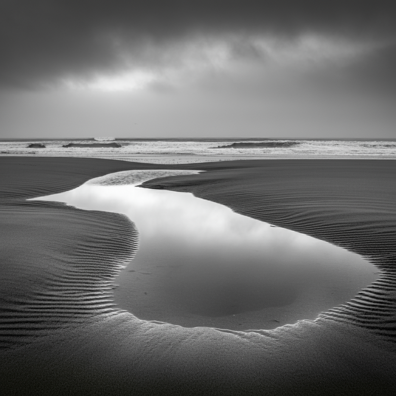 Ocean Scene on Beach with Rip Tide and Pooling of Water