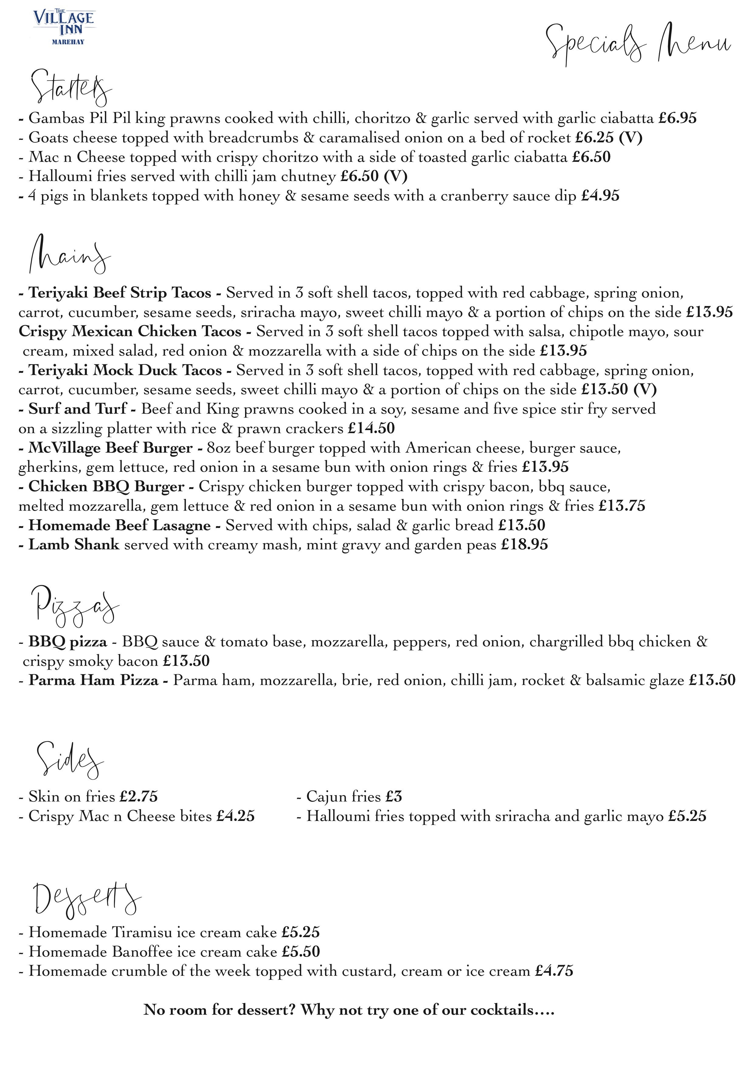Specials Menu - Menu subject to regular changes so please check before ...