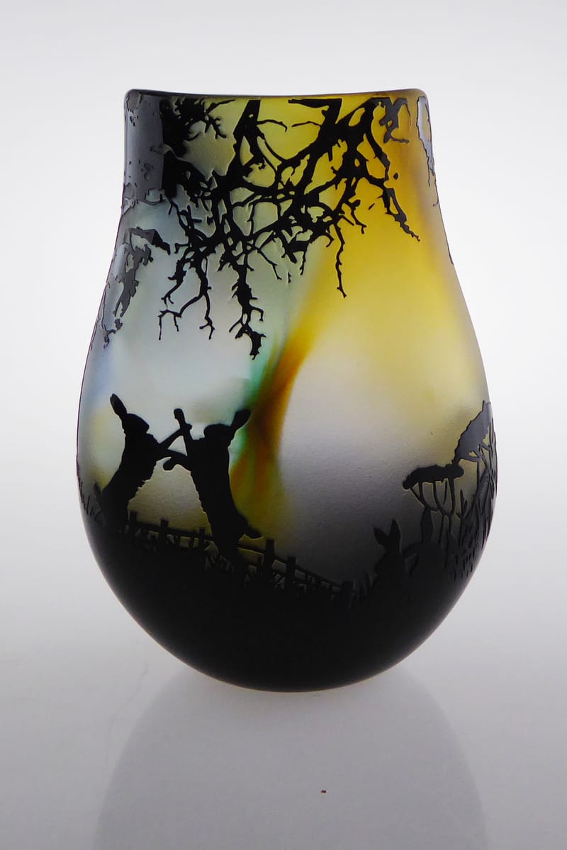 Boxing Hares at Dusk - E&M Glass
