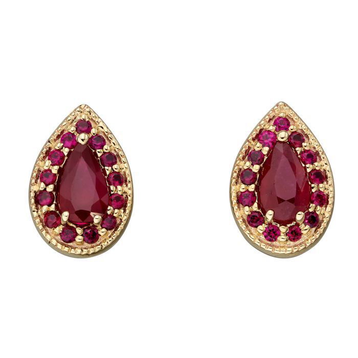 9ct Yellow Gold Pear Shape Ruby Earrings - Glyn Griffiths