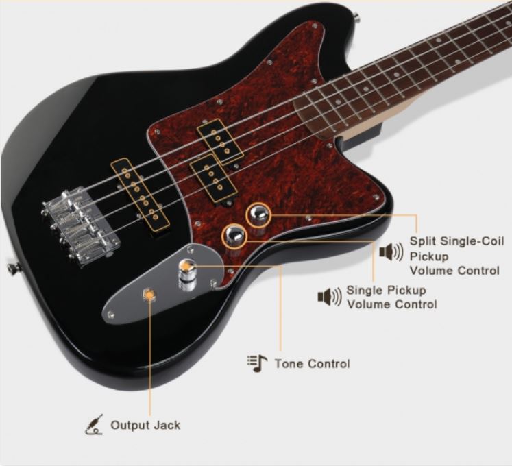 +AMP! Jet Black "Eye Buzz" Style Bass Guitar with a Tortoise Shell ...
