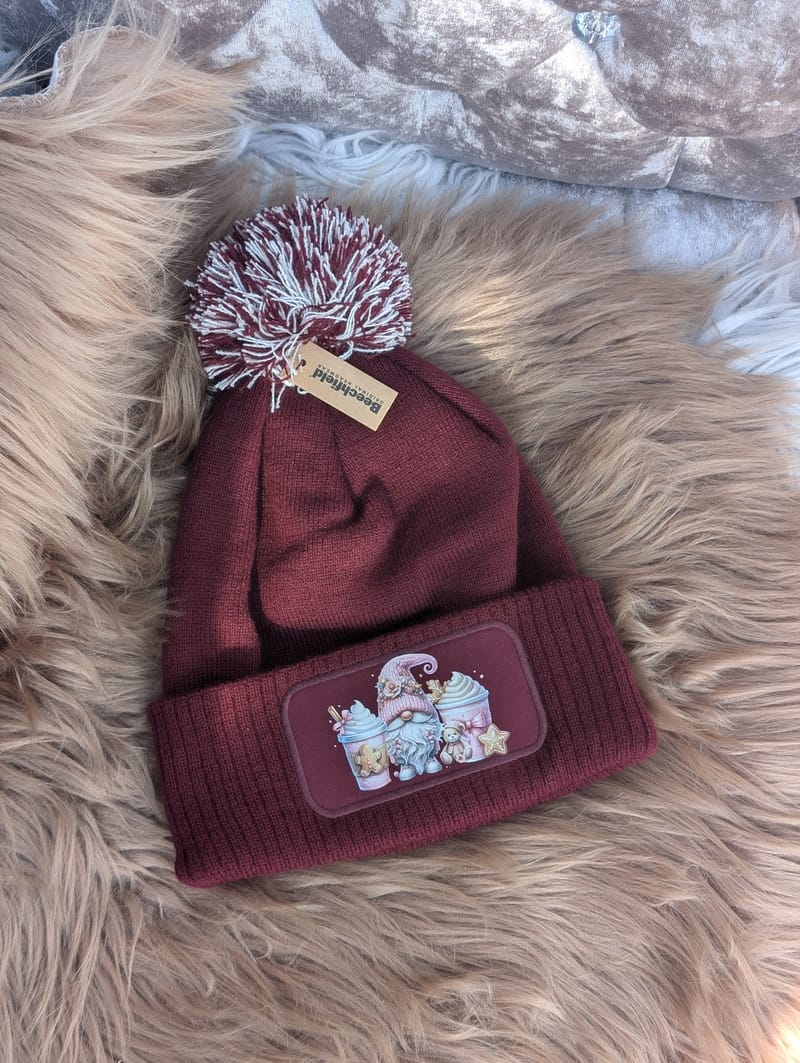 Burgundy 'Gingerbread Swirl Gonk' Winter Hat With Pom Pom
