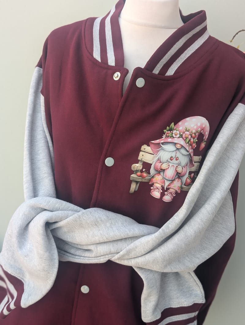 Burgundy & Grey 'Strawberry Milkshake Gonk' Varsity Jacket
