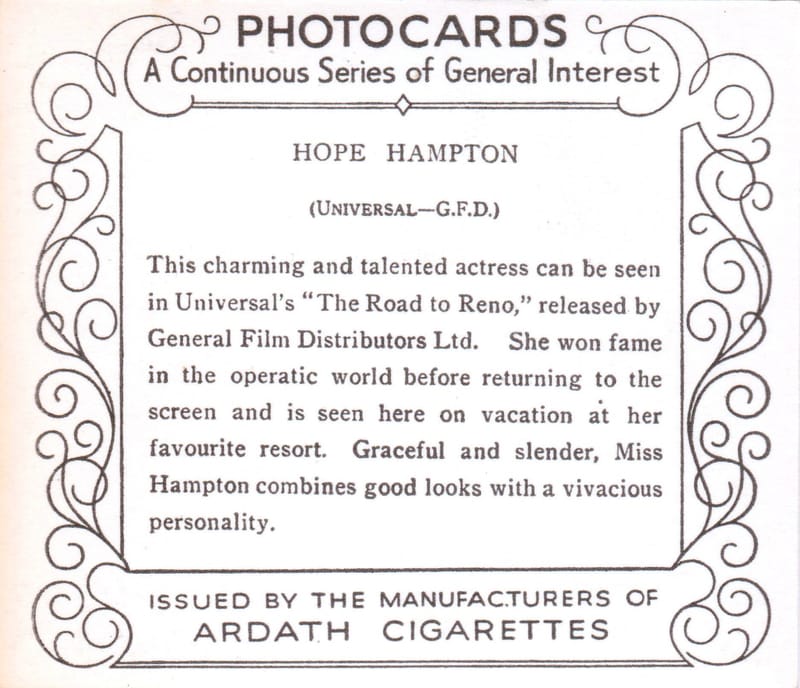 HOPE HAMPTON - CINEMA & CIGARETTE CARDS