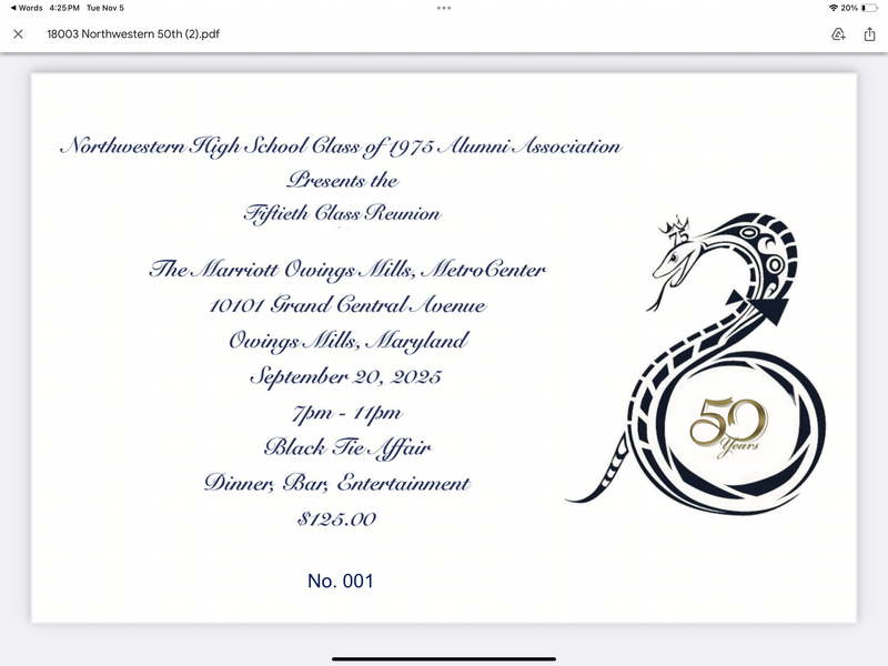 50th year class reunion ticket - Northwestern High School Class of 1975