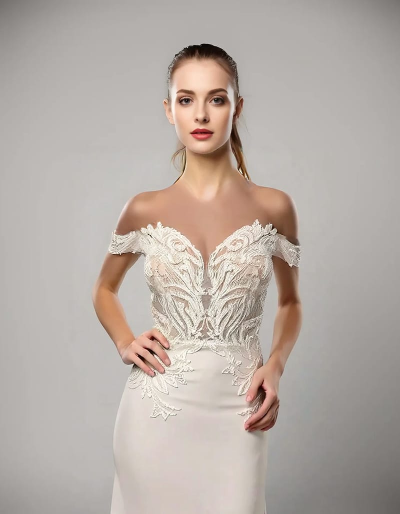 Fitted Lace Wedding Dress with Off-the-Shoulder Straps & Button Back