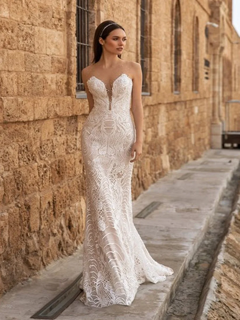 Fitted Strapless Wedding Dress with Sheer Straps & Diamantes