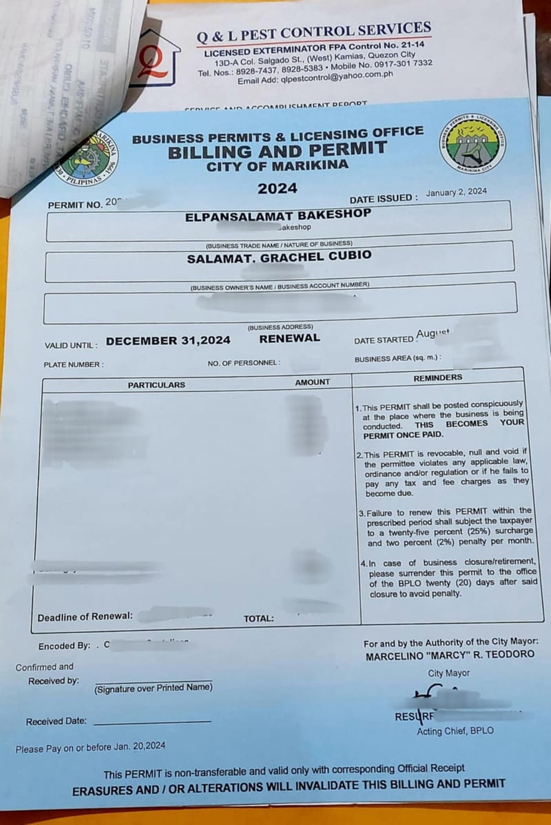 Business Permit from LGU - El pan Salamat Bakeshop
