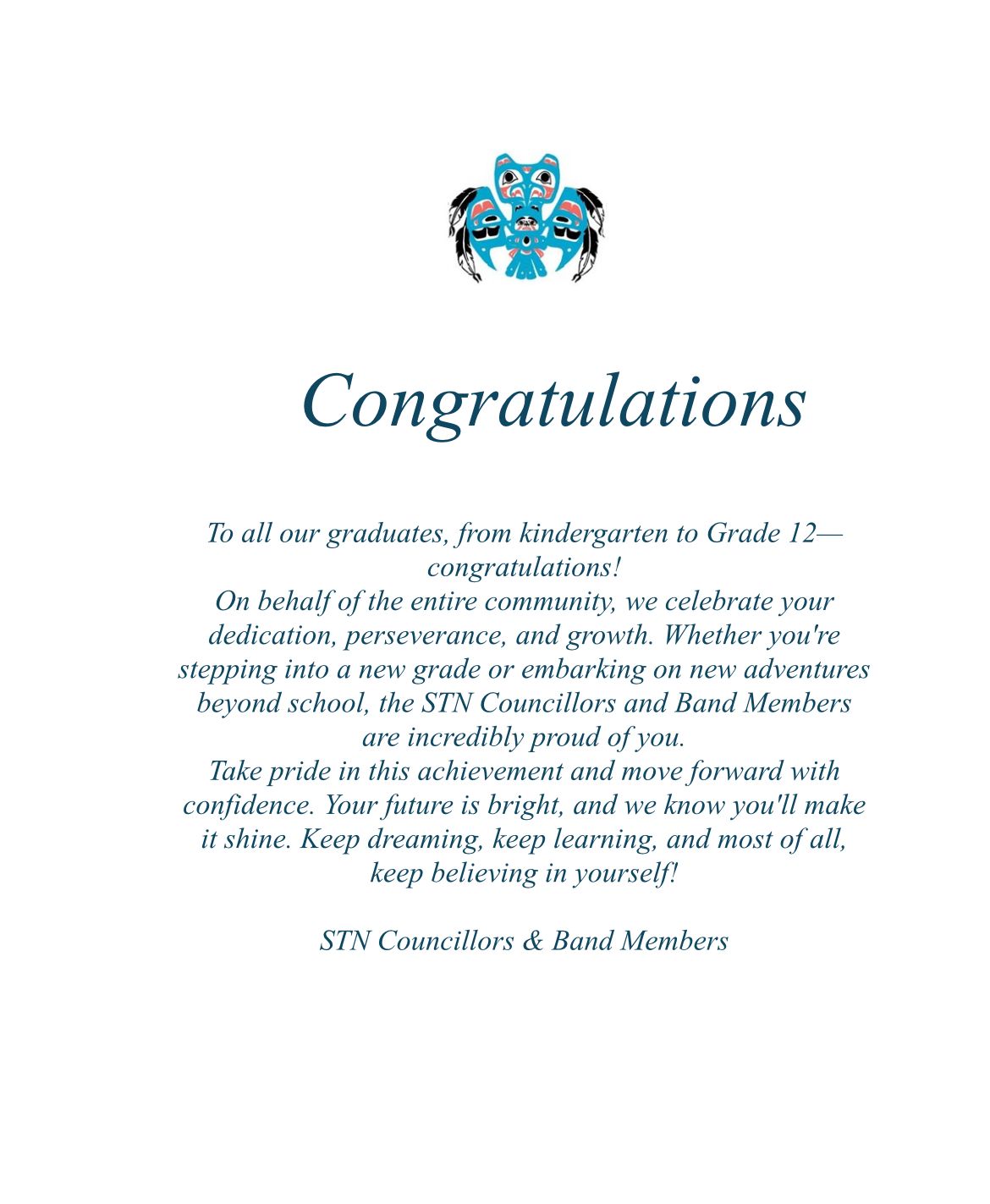 To our STN K-12 & Post Secondary Students - Skin Tyee First Nation