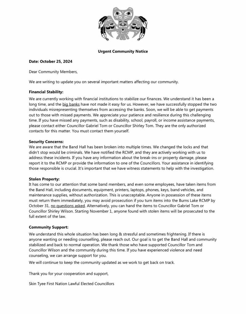 Skin Tyee First Nation Urgent Community Notice